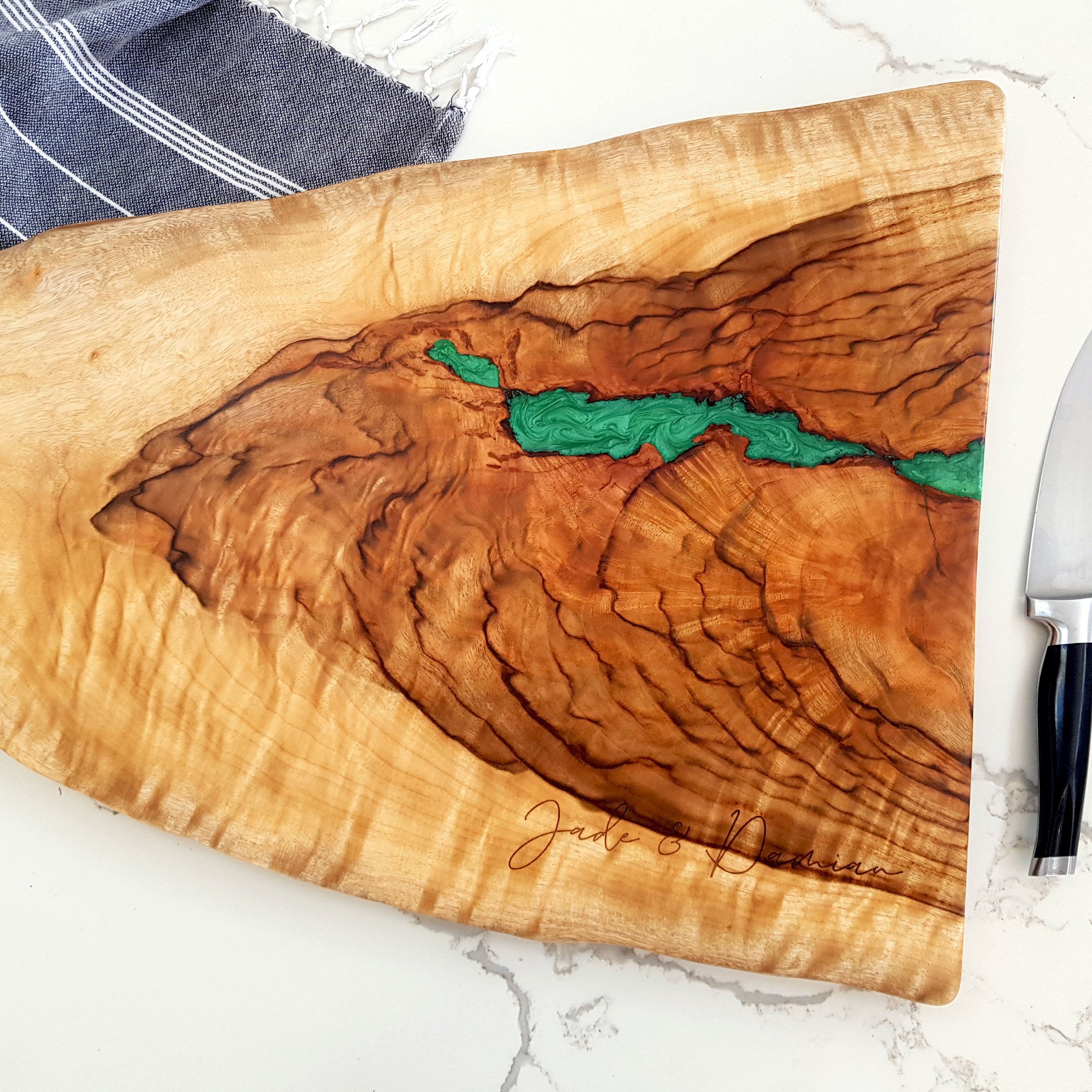 Extra Large Natural Edge Cutting Board Epoxy Feature – Wildfire Engraving